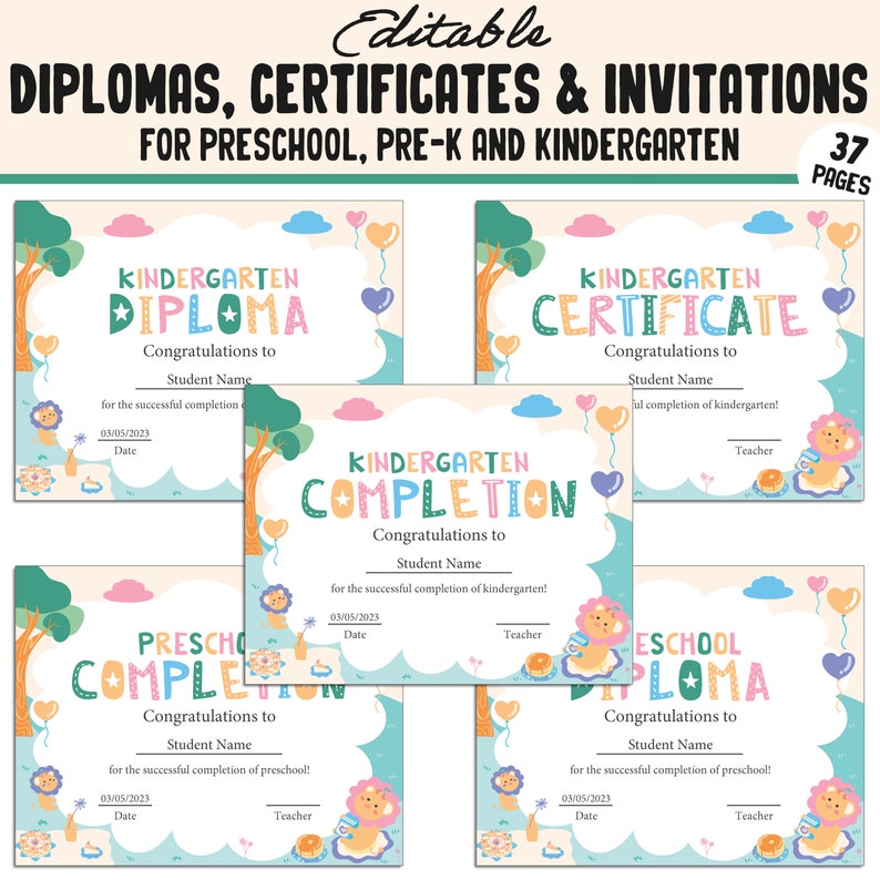 Editable Kindergarten, Prek, Preschool Diplomas, Certificates ...