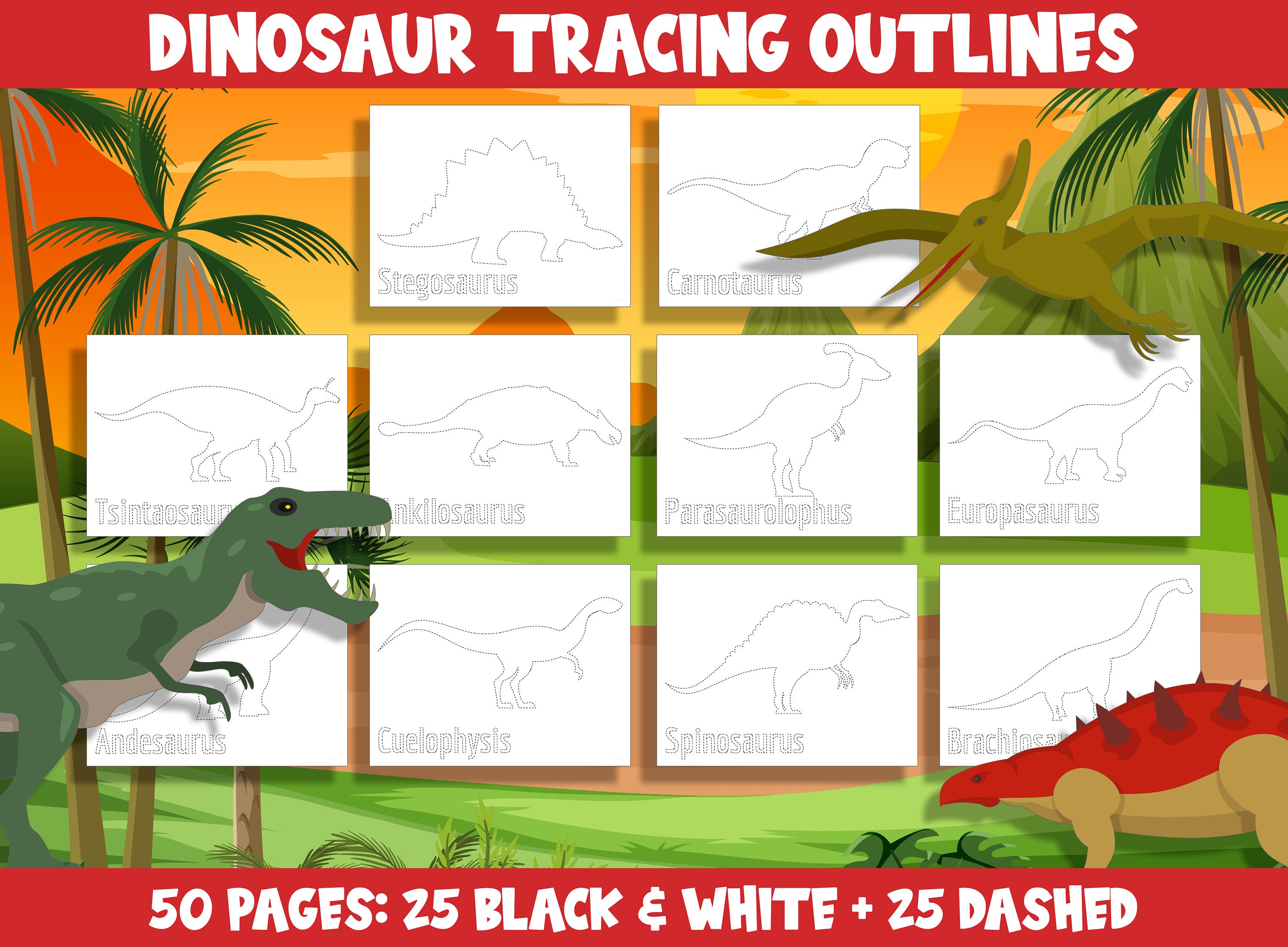 Printable Dinosaur Outline, 25 Blank black & White 25 Dashed Tracing Outlines Clipart Set ...