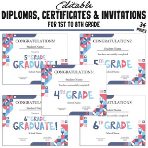 Editable Diplomas for 4th Grade, Certificates for 1st-8th Grade, and ...