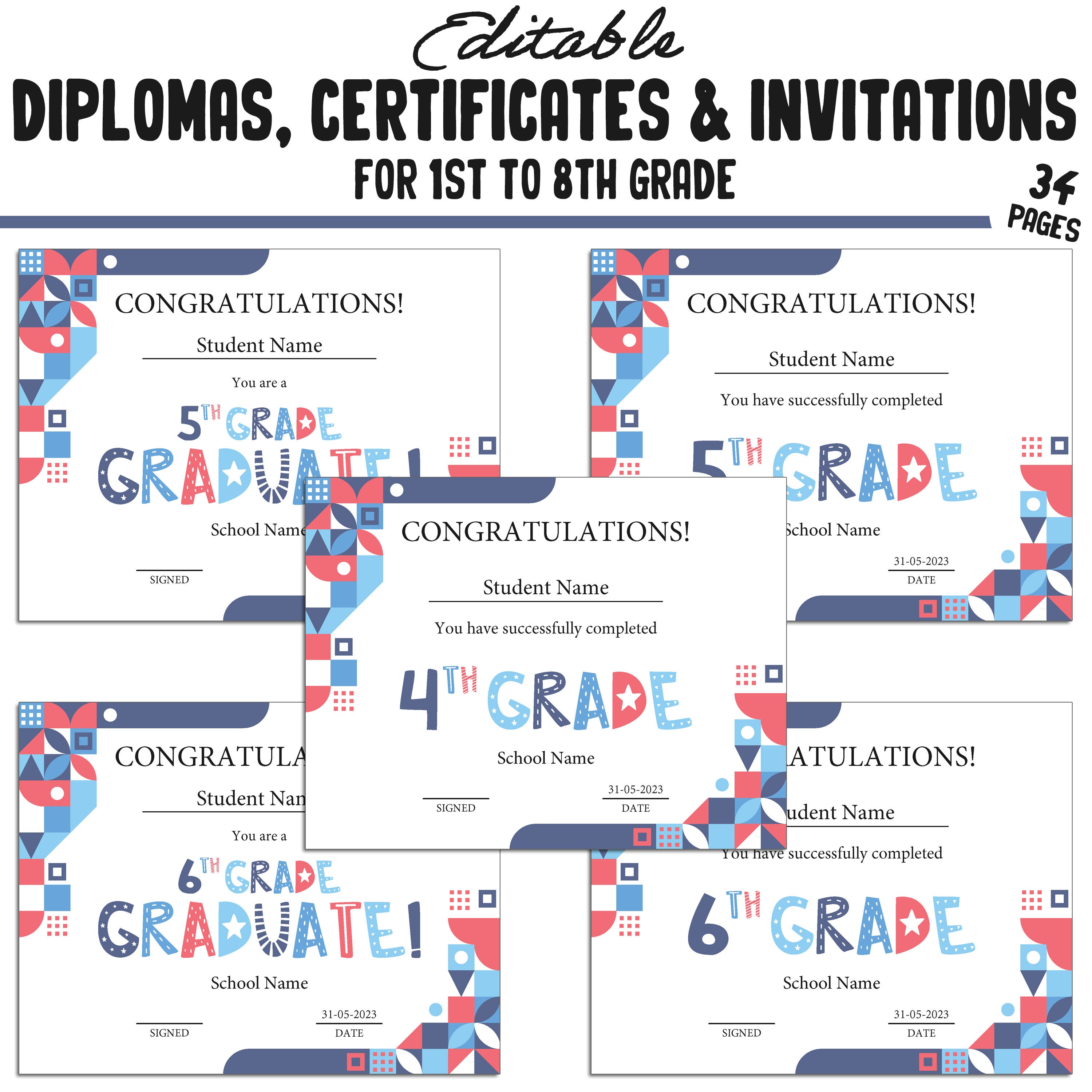 Editable Diplomas for 4th Grade, Certificates for 1st-8th Grade, and ...