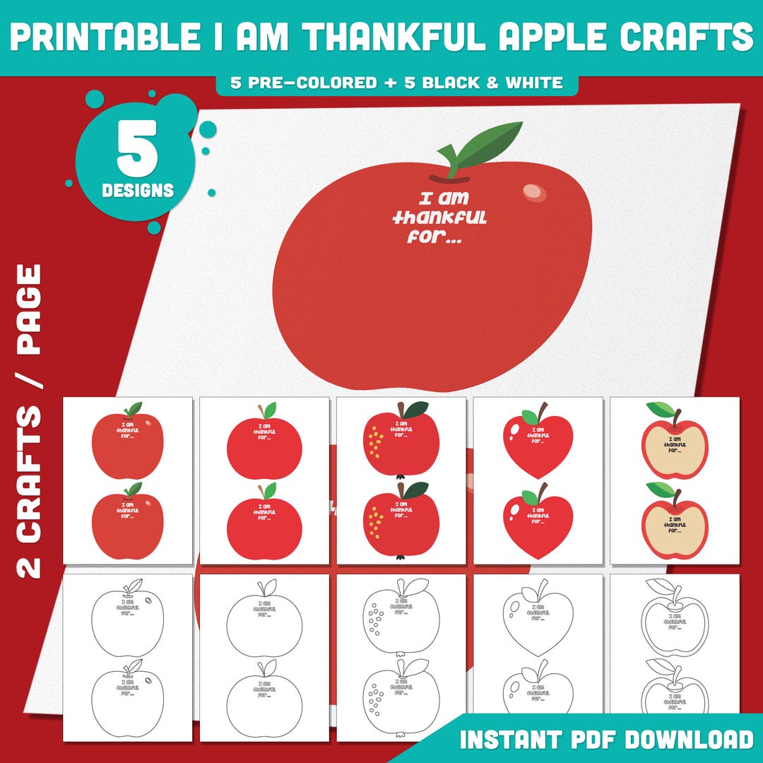Printable I Am Thankful Apple Crafts – 5 Fun Designs, Thanksgiving ...
