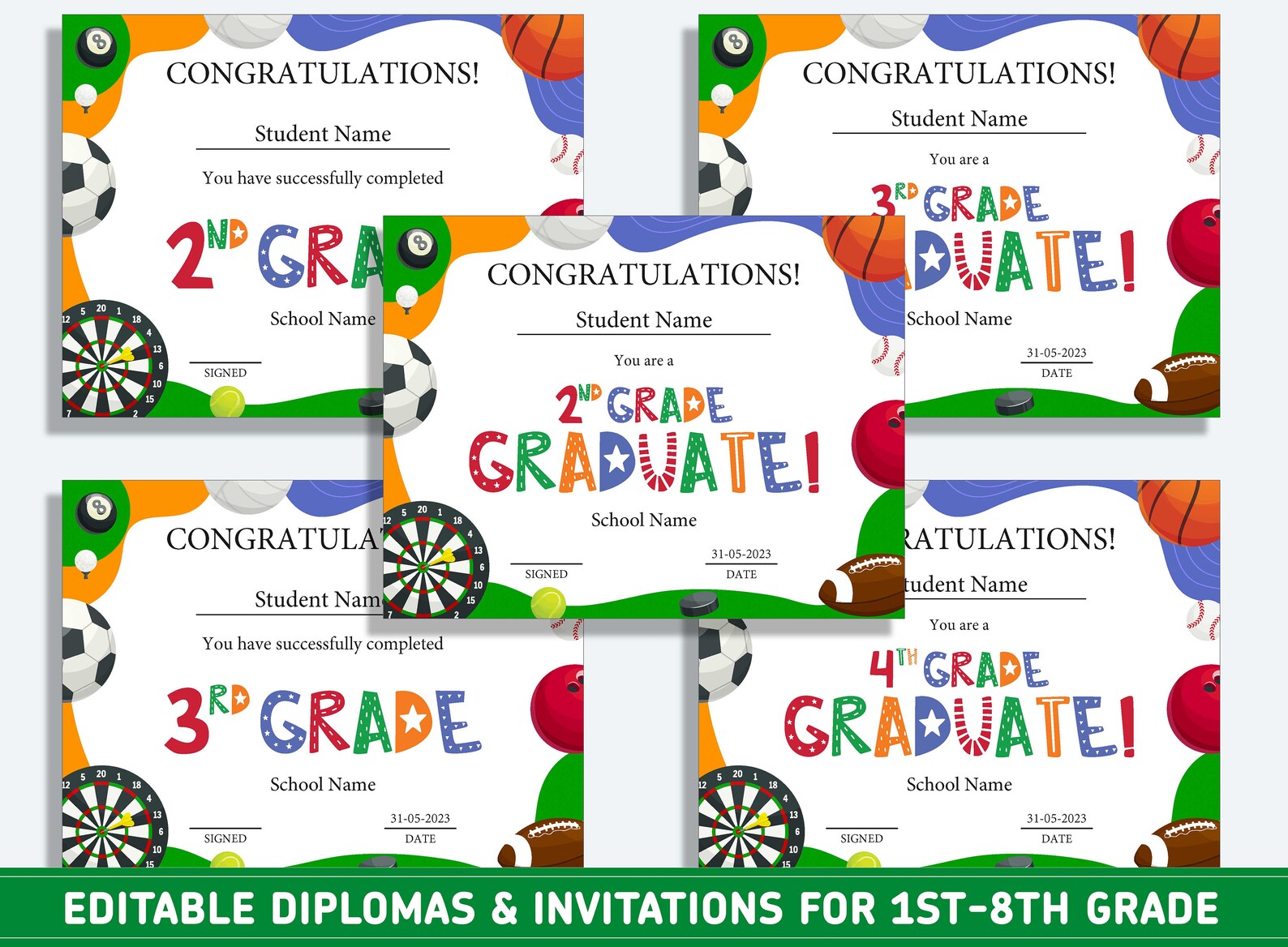 Editable 5th Grade Certificate, 1st to 8th Grade Diploma, Certificate ...