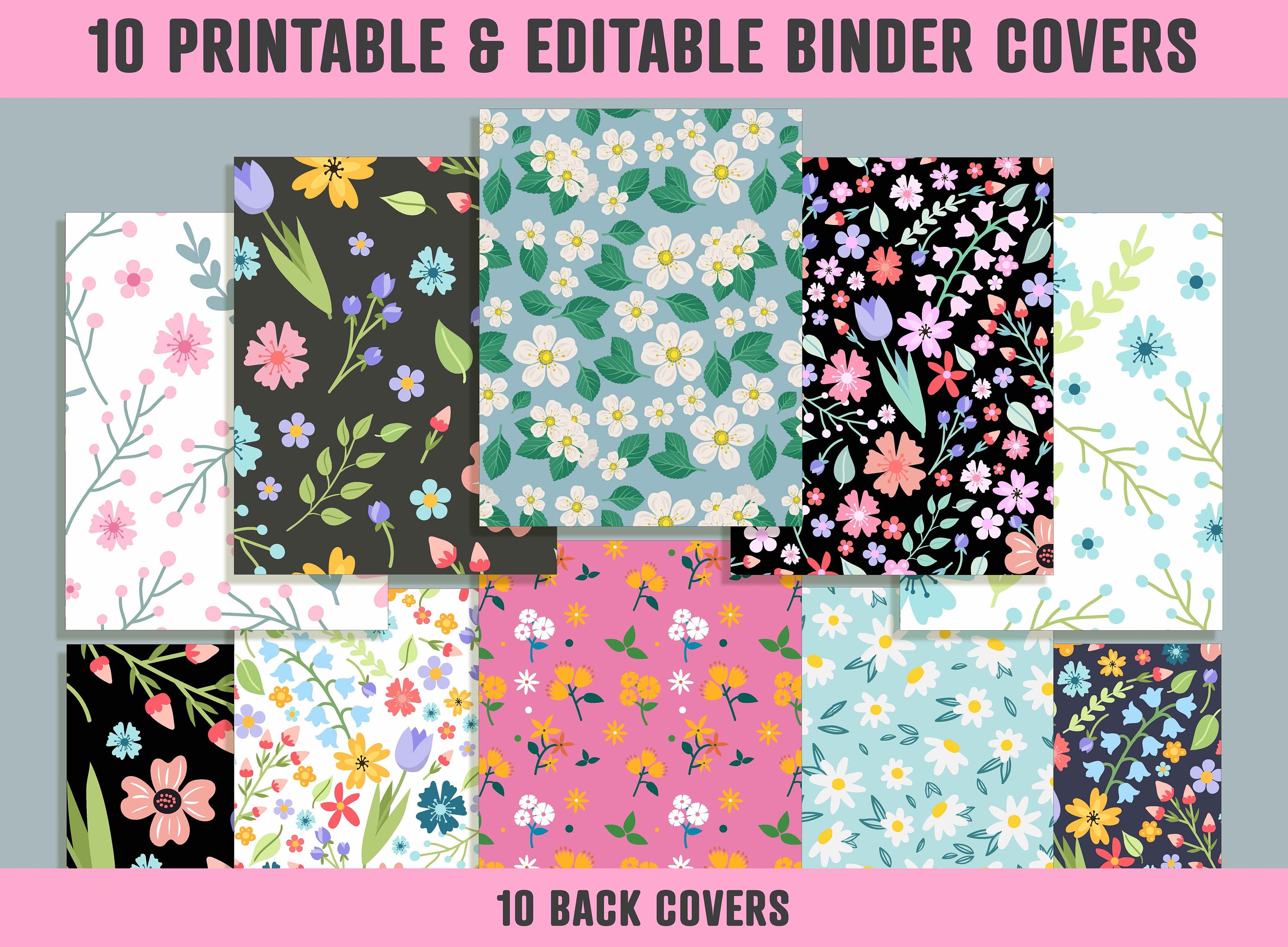 Flowers and Leaves Binder Cover, 10 Printable & Editable Coversspines ...