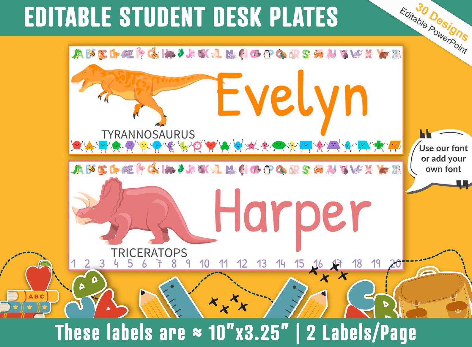 Student Desk Plates, 30 Printable/editable Dinosaurs Set Classroom Name ...