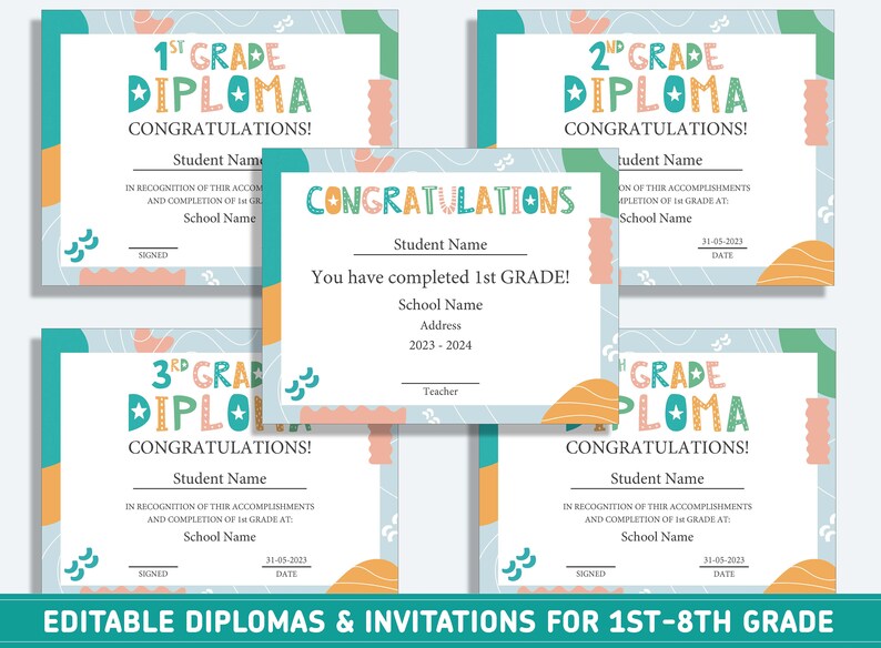 Editable 3rd Grade Certificate, 1st to 8th Grade Diploma, Certificate ...