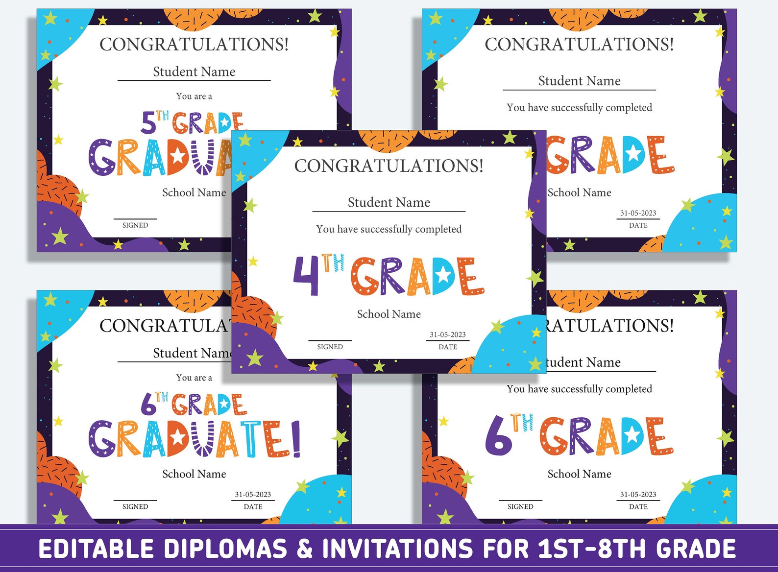 Editable Second Grade Certificate, 1st to 8th Grade Diploma ...
