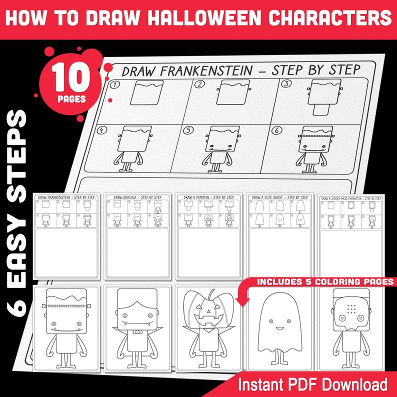 Learn How to Draw Halloween Characters: 6 Easy Steps With 5-page Guide ...