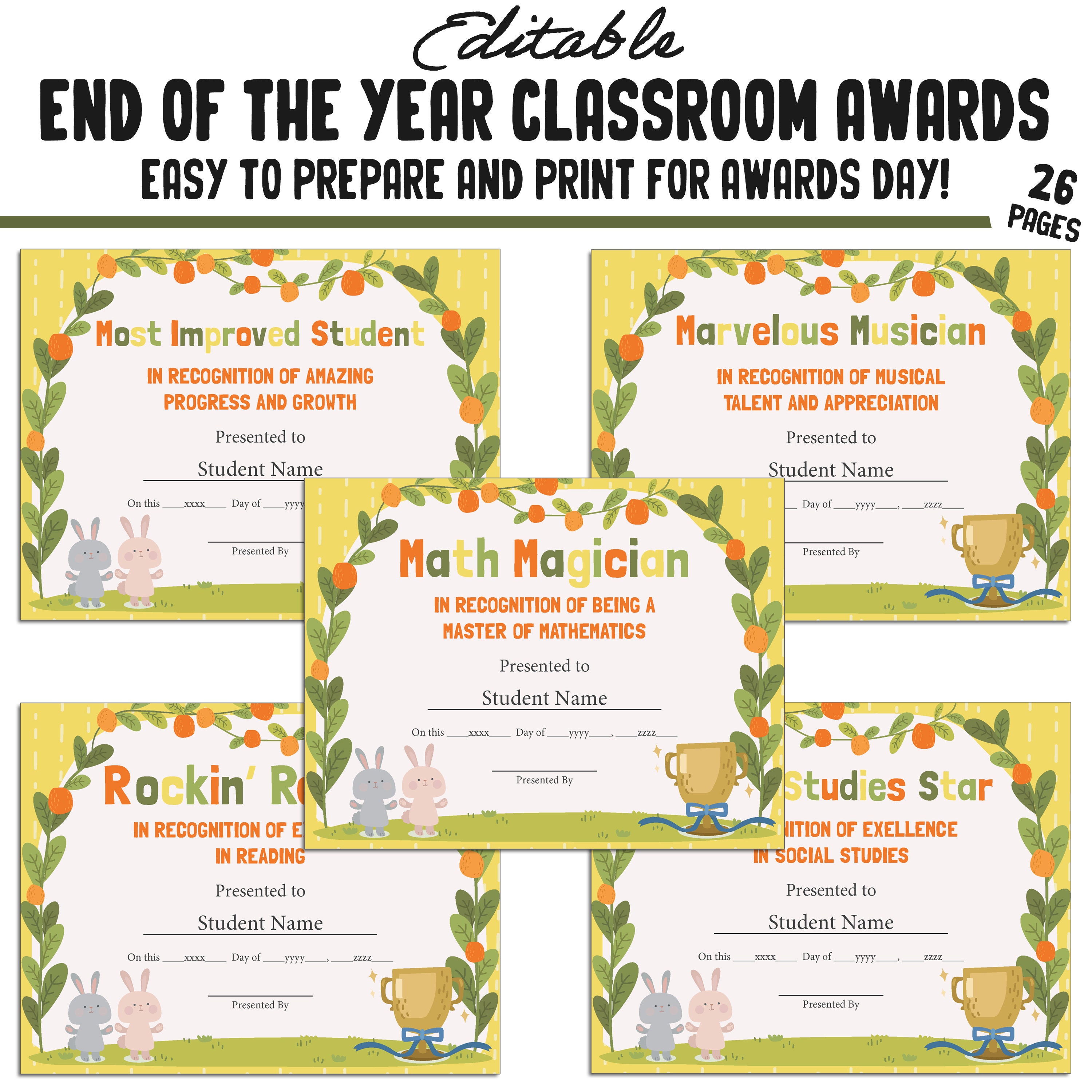 Editable End of Year Awards Certificates, 26 Pages, PDF, Instant ...
