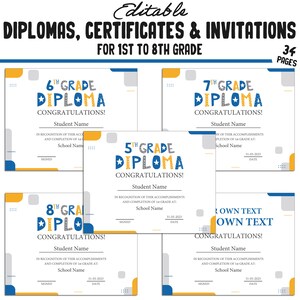 Editable 1st Grade Diploma, 1st-8th Grade Certificates, and Invitation ...