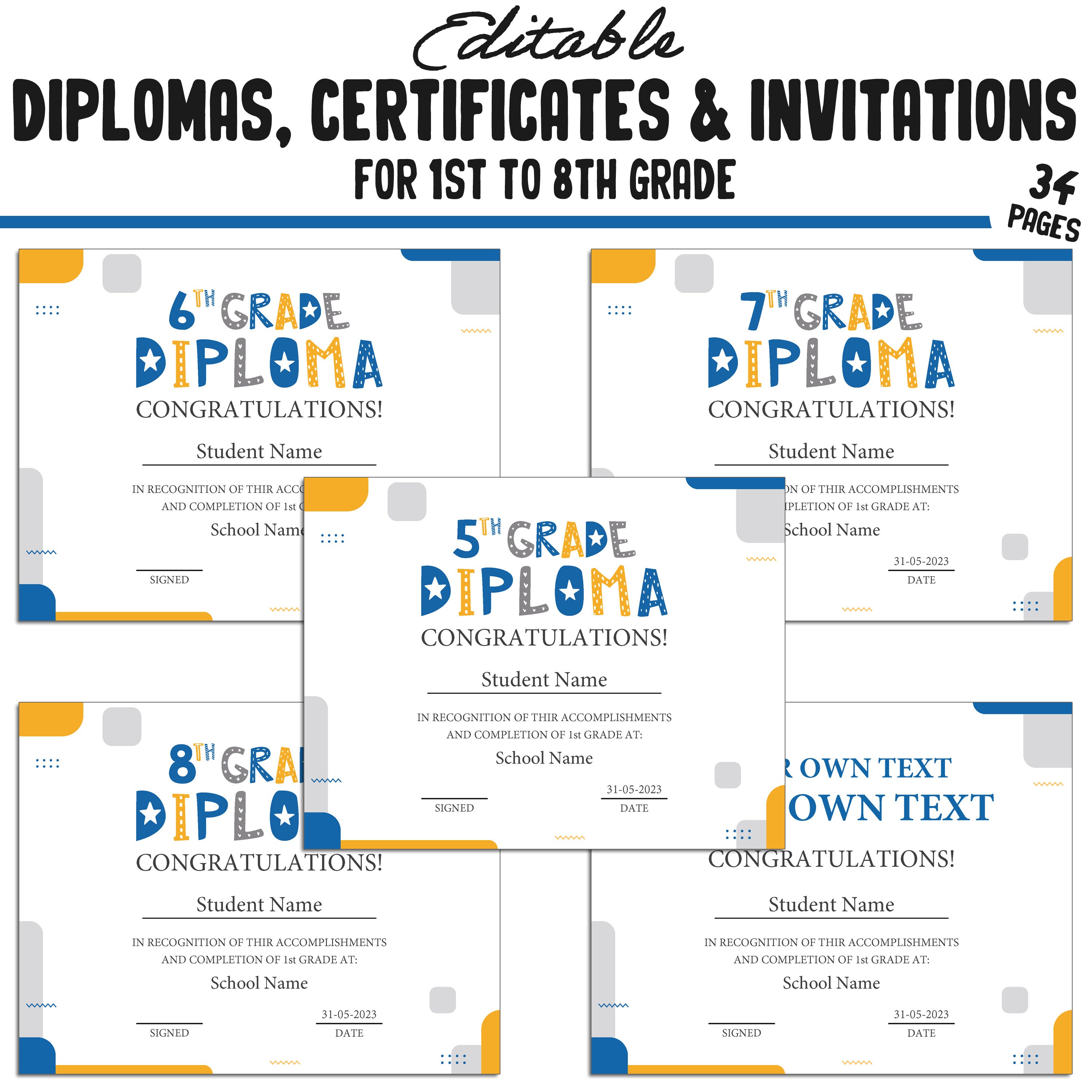 Editable 1st Grade Diploma, 1st-8th Grade Certificates, and Invitation ...
