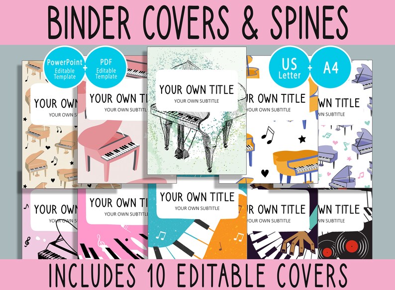 10 Editable Piano Binder Covers, Includes 1, 1.5, 2" Spines, Available ...