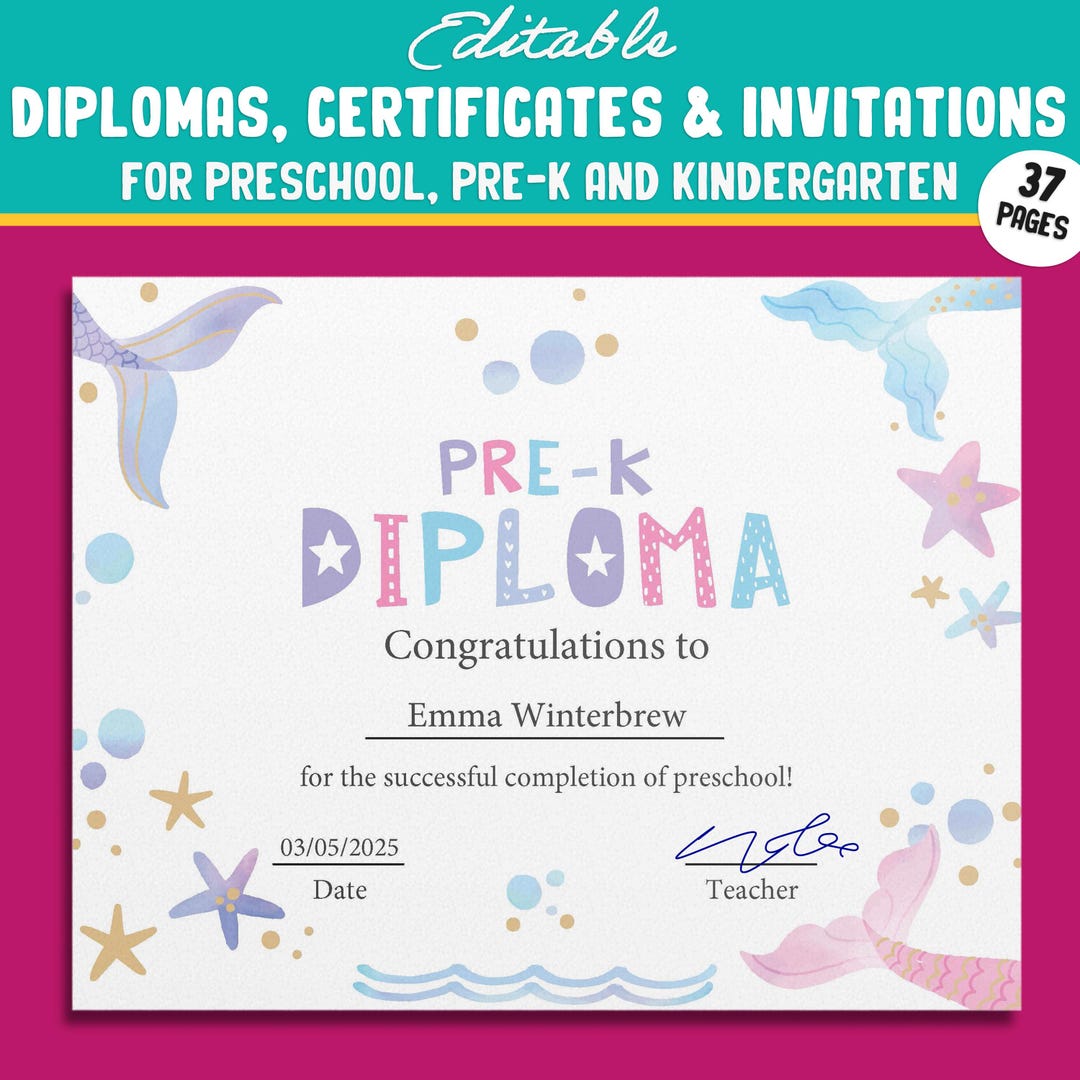 Editable Diplomas, Certificates, Invitations for Prek, K, 1st, and 2nd ...