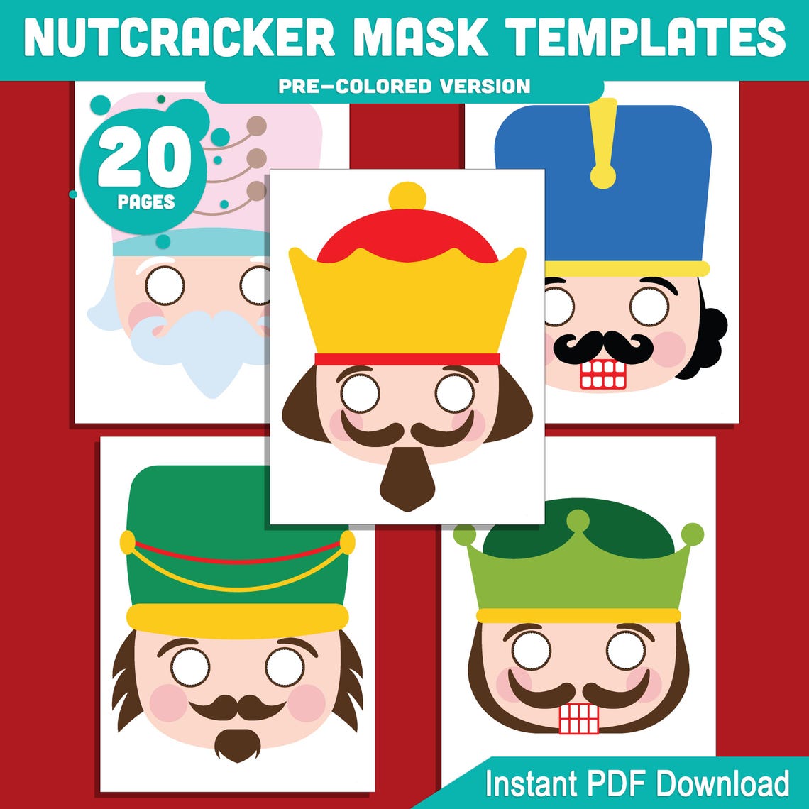 Printable Nutcracker Mask Templates: 10 Designs, Pre-colored +black ...