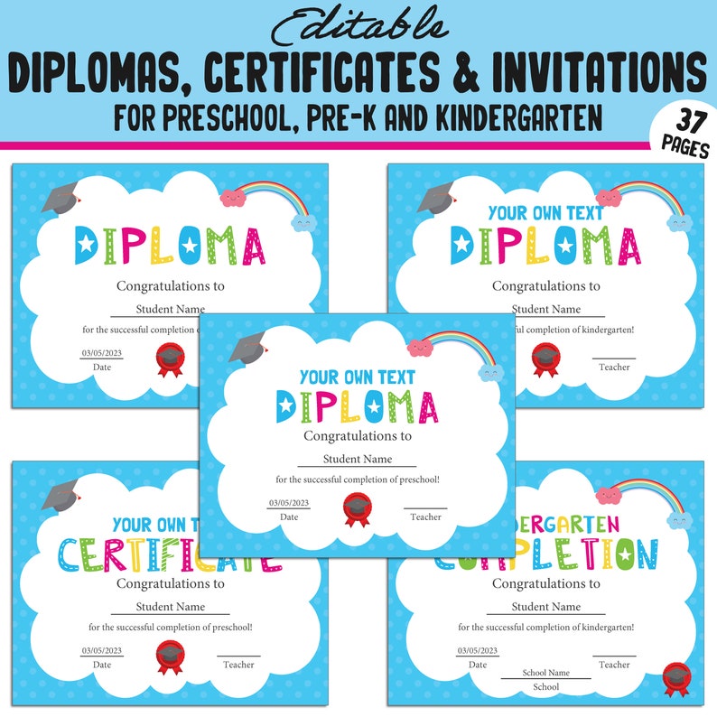 37 Editable Pre-k, Preschool, and Kindergarten Diplomas, Certificates ...