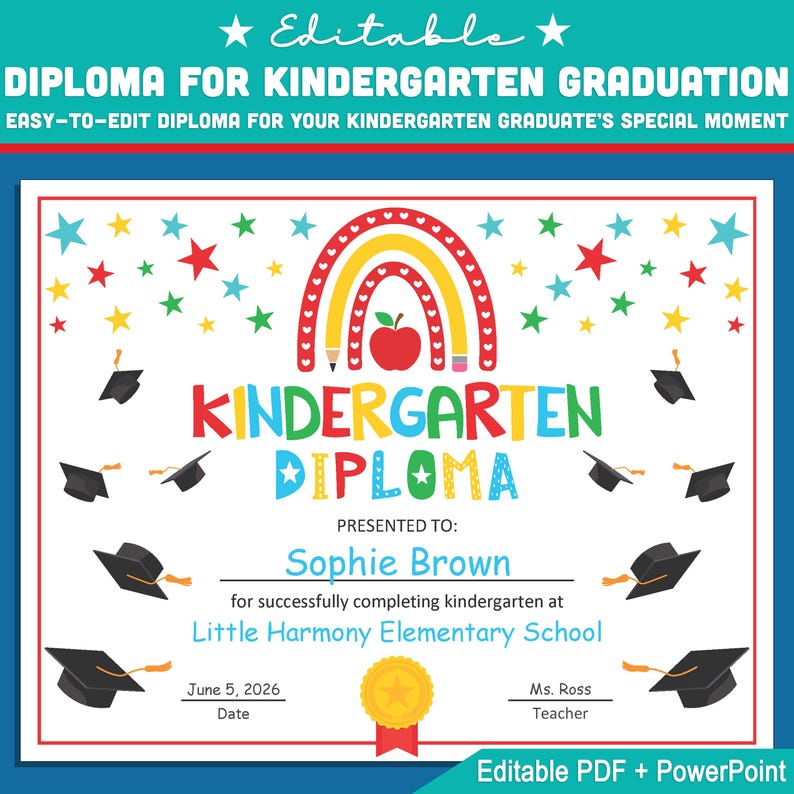 Editable Kindergarten Moving up Diploma – Rainbow Graduation Template ...