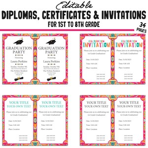 Printable 7th Grade Diplomas, Editable Certificates for 1st-8th Grades ...