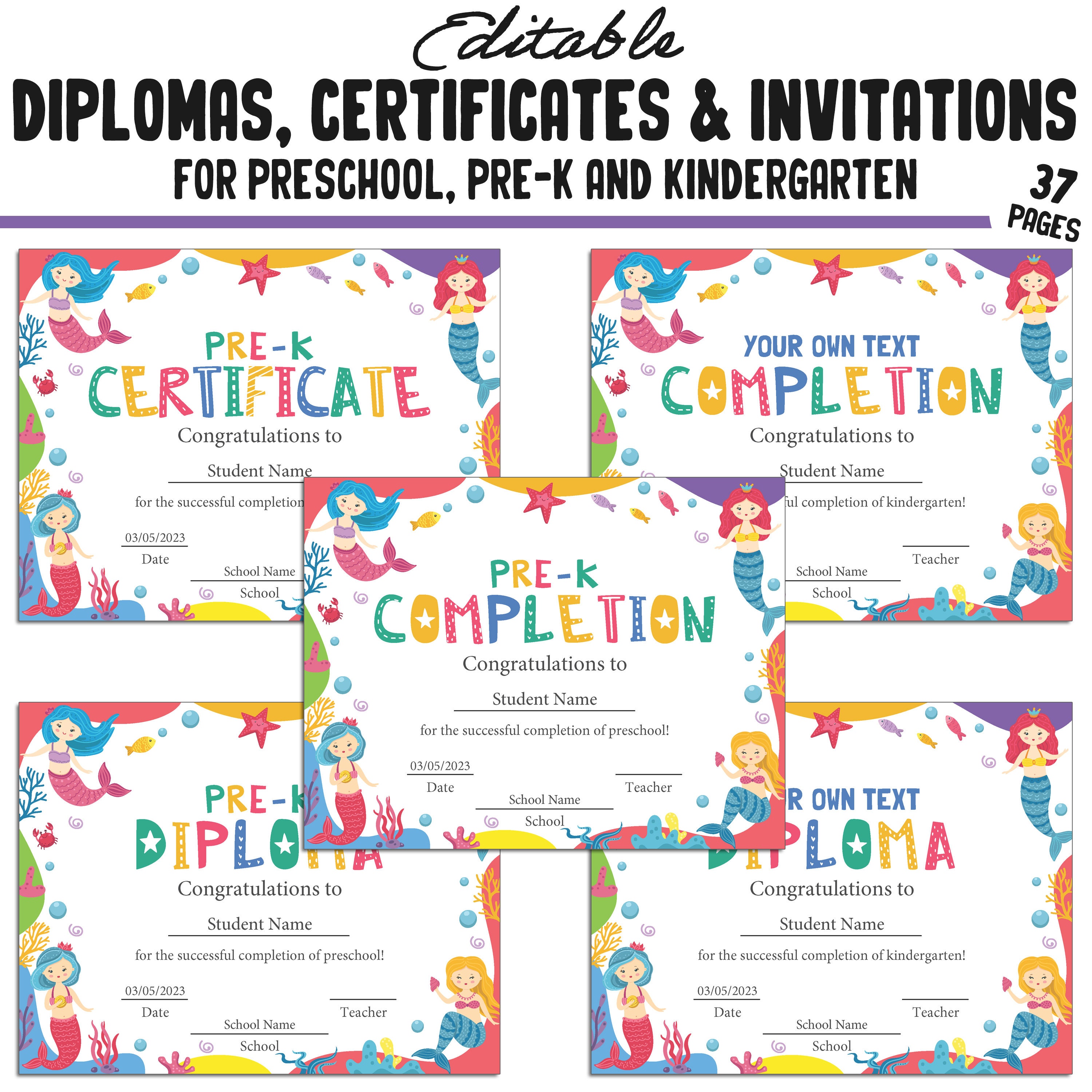 Editable Kindergarten Graduation Invitations, Pre-k and Preschool ...
