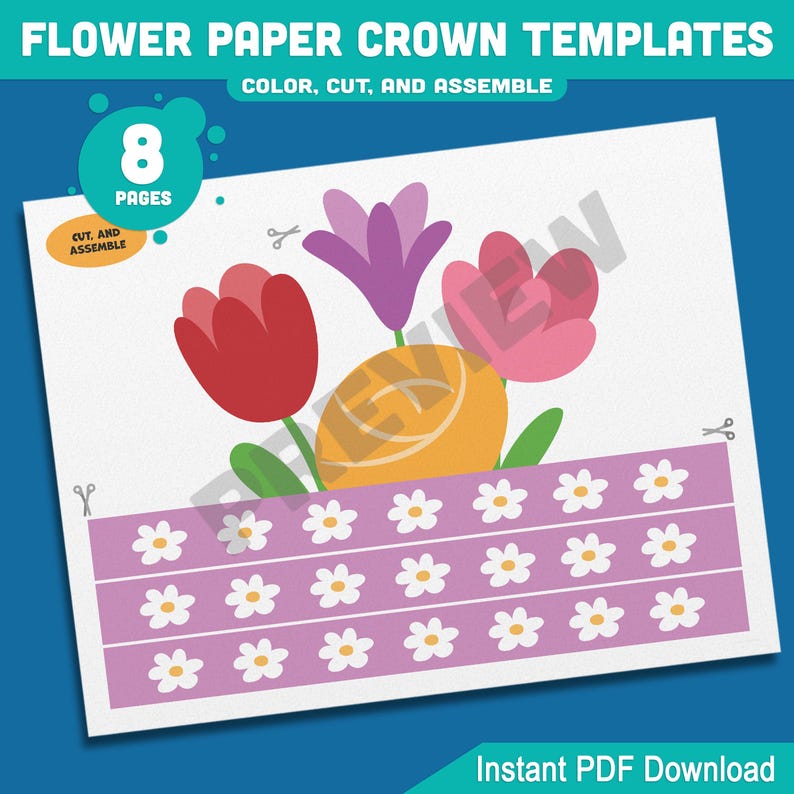 Flower Paper Crown Templates, Printable Spring Headband, 8 Pages, 4 ...