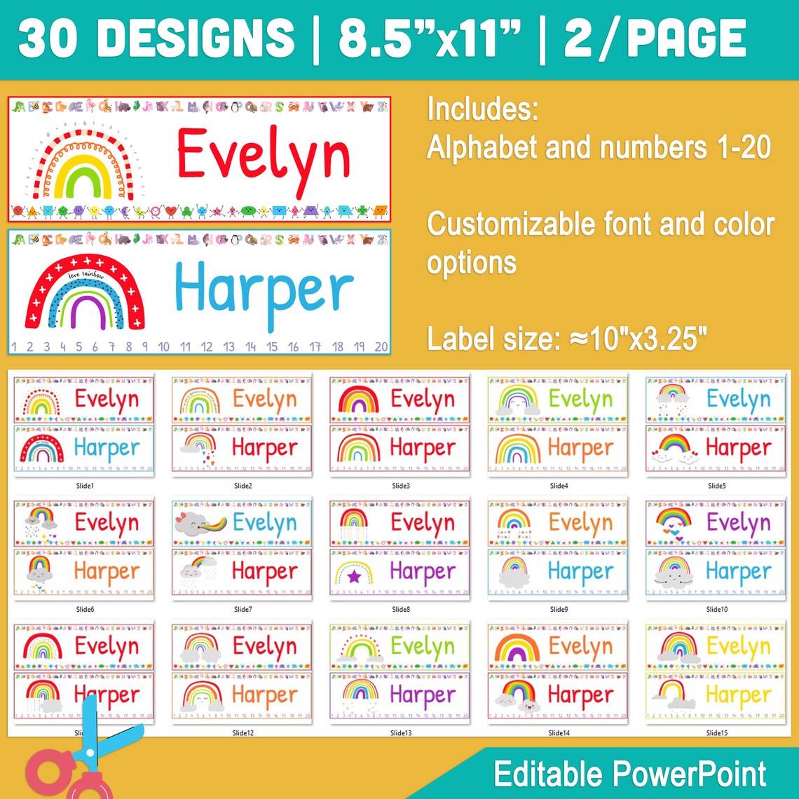 Editable Desk Name Tags for Students: Rainbow Theme, 30 Designs, 8.5 ...