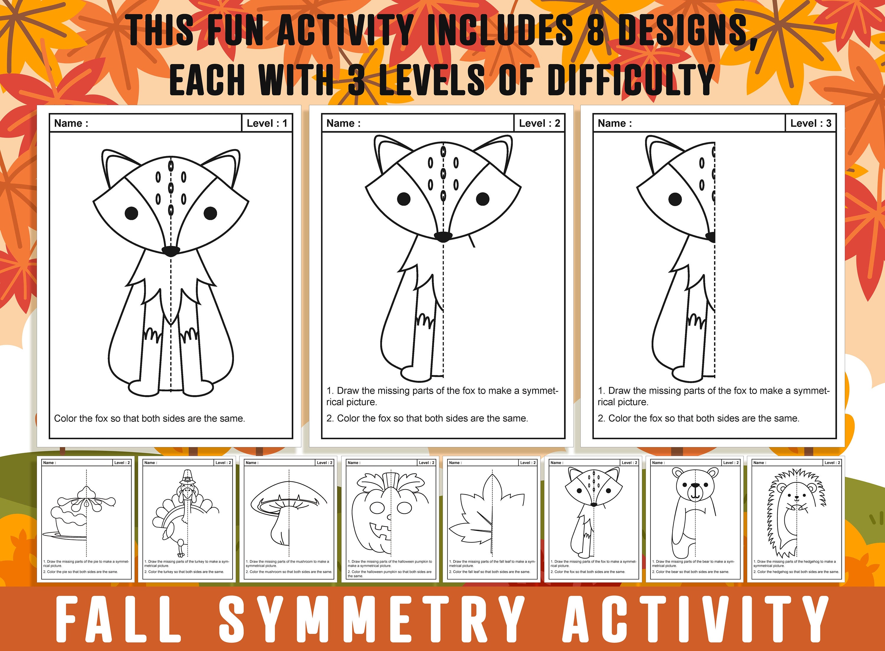 Fall Symmetry Worksheet Autumn Halloween Thanksgiving Lines - Etsy