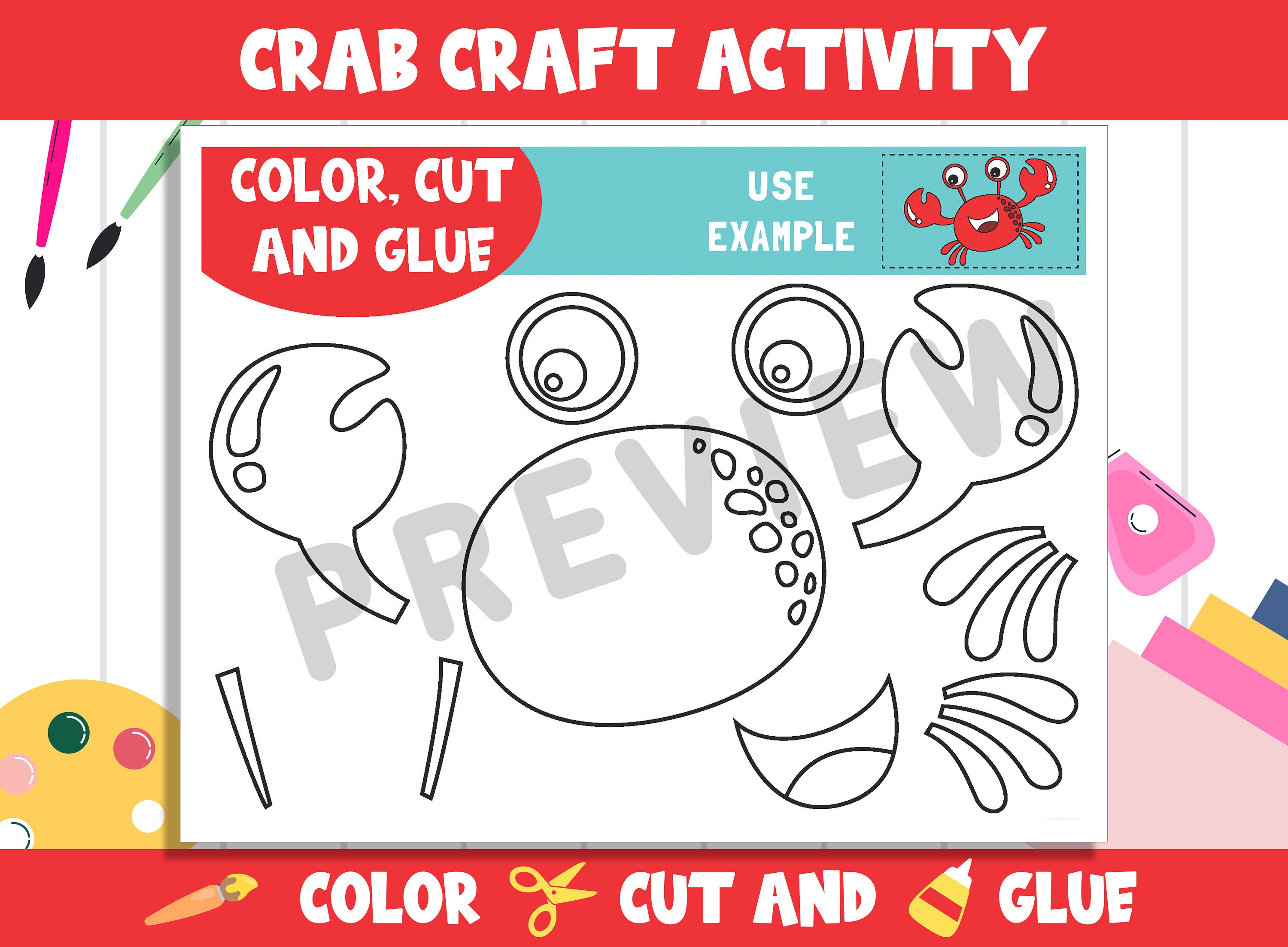 Cute Crab Craft Activity Color Cut and Glue for Prek to - Etsy