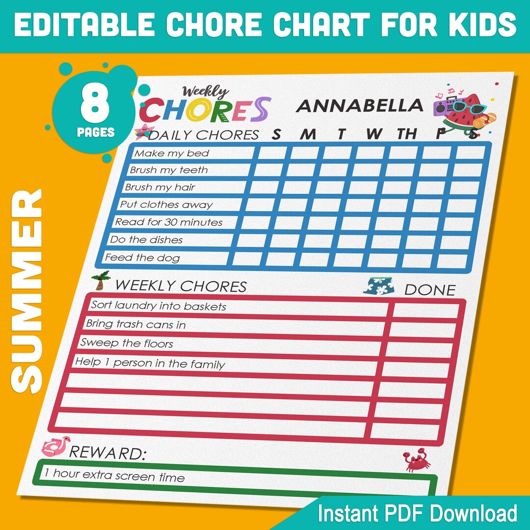 Summer-themed Chore Chart for Kids – Editable and Printable Task ...