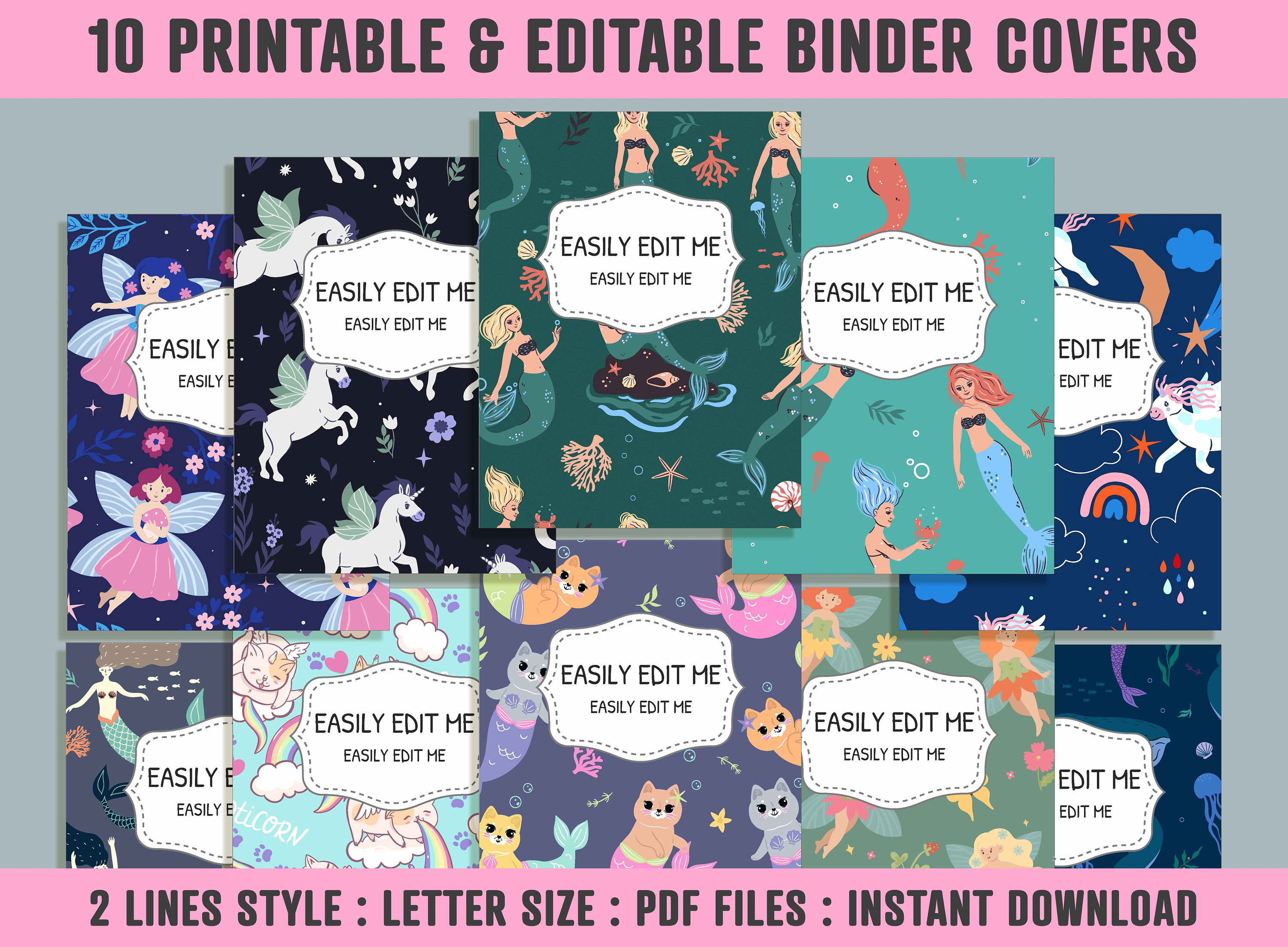 Mermaid Unicorn Fairy Binder Cover, 10 Printable/editable Binder Covers ...