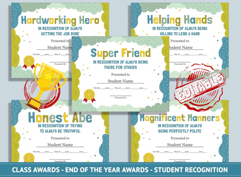 26 Editable Classroom Certificates End of the Year Awards Student ...