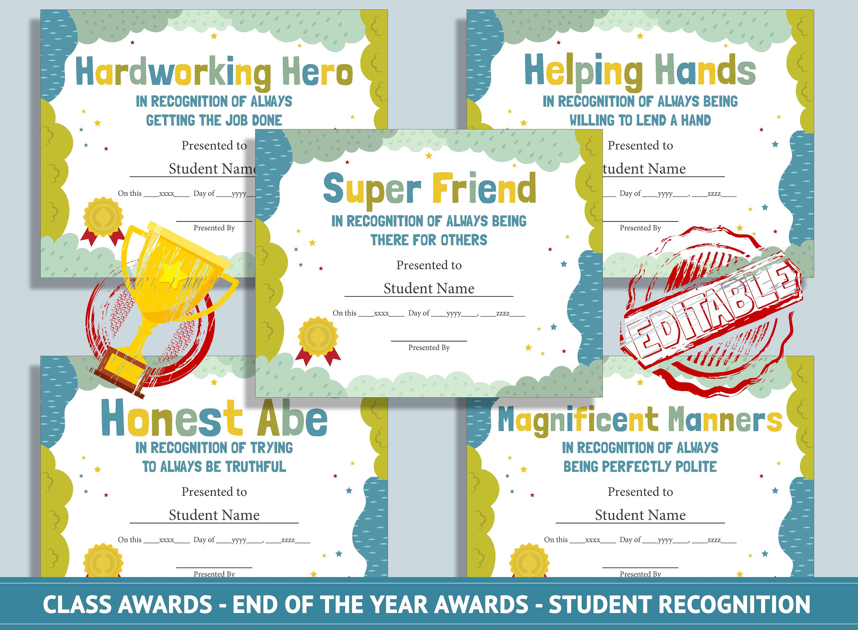 26 Editable Classroom Certificates End of the Year Awards Student ...
