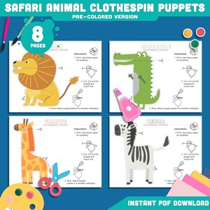 Safari Animal Clothespin Puppets for Kids: 8 Pages, 4 Unique Designs ...