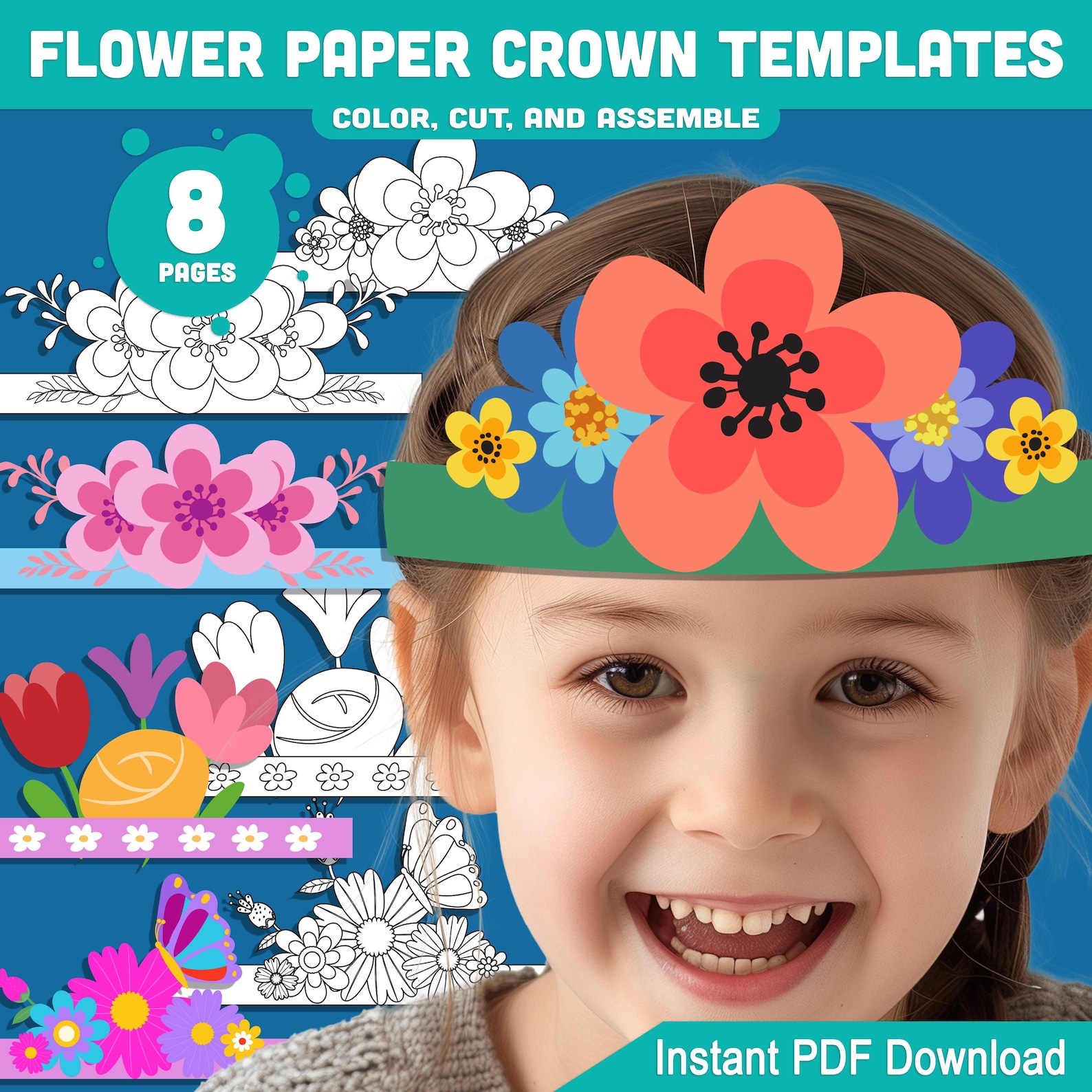 Flower Paper Crown Templates, Printable Spring Headband, 8 Pages, 4 ...