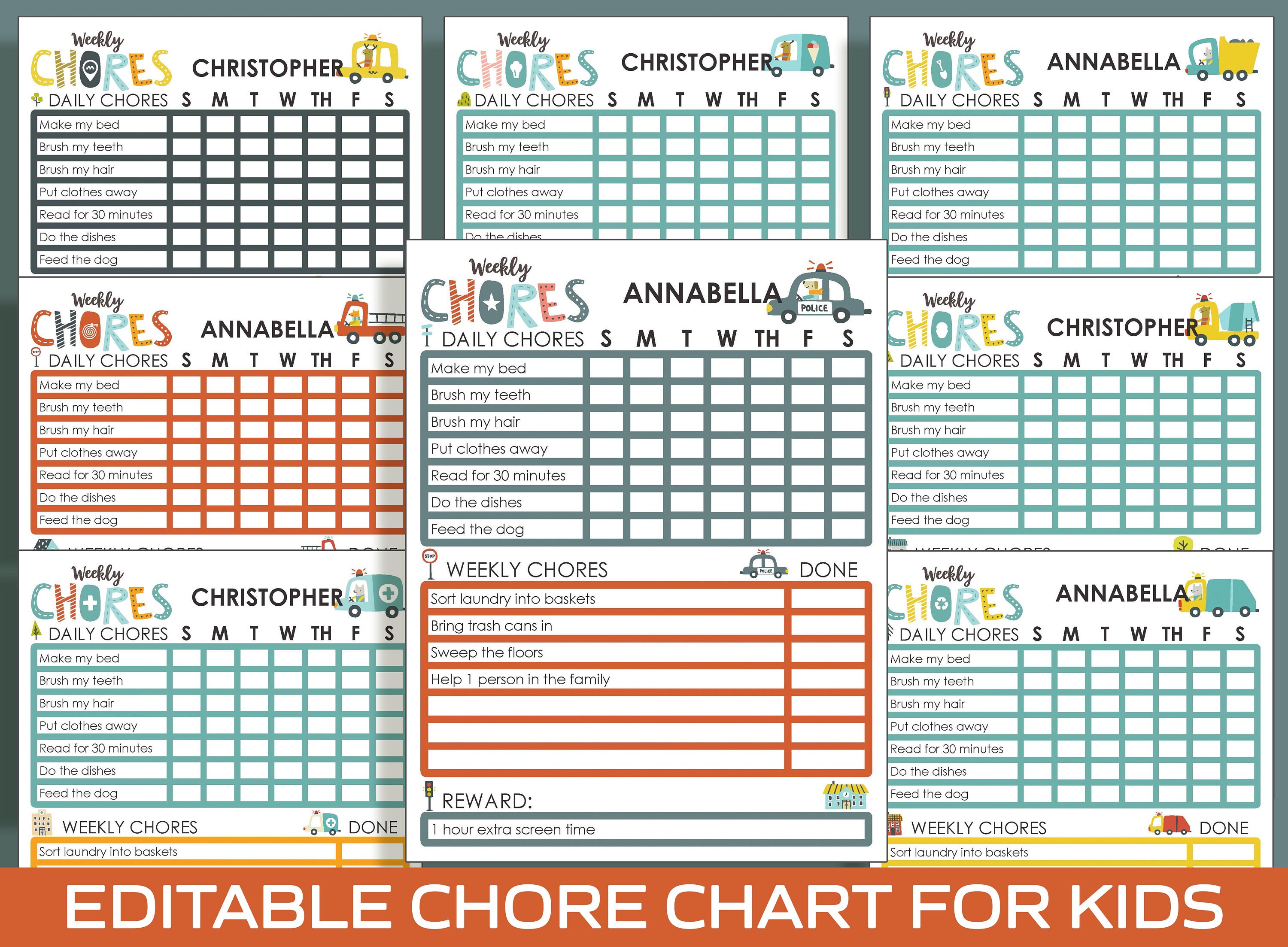 Car-themed Chore Chart for Kids: Printable and Editable Responsibility ...