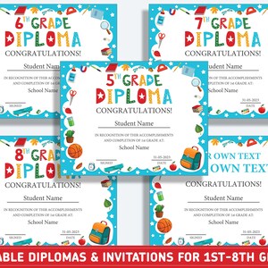Editable 1st Grade Graduation, 1st to 8th Grade Diploma, Certificate of ...