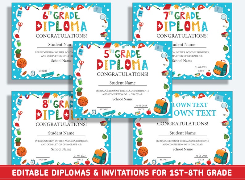 Editable 1st Grade Graduation, 1st to 8th Grade Diploma, Certificate of ...