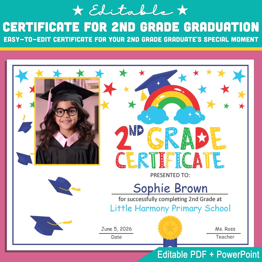 Second Grade Certificate Template With Photo: Editable PDF & Powerpoint ...
