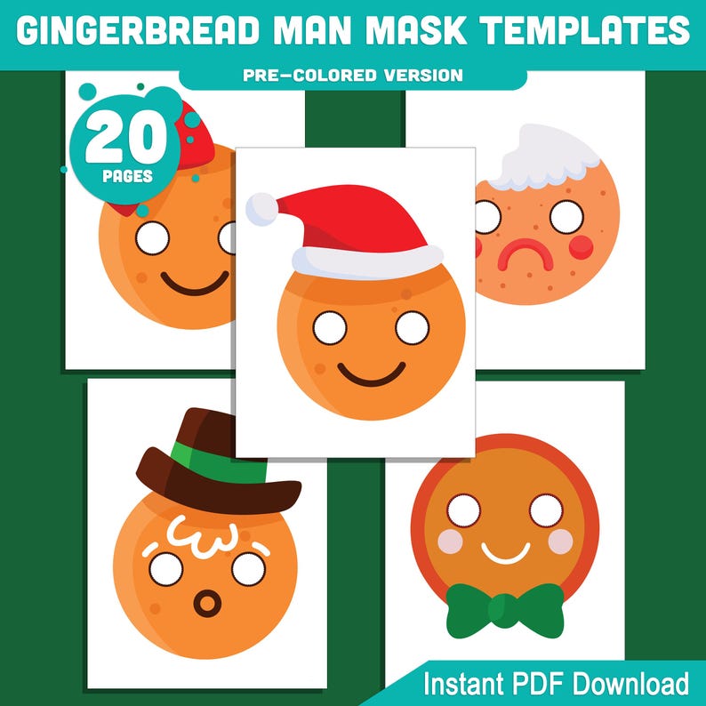Printable Gingerbread Man Mask Templates, Cute Holiday Designs, Pre ...
