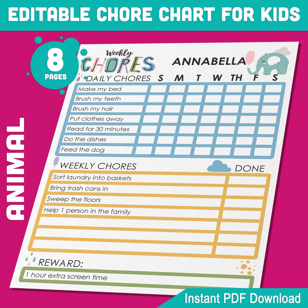 Chore Chart for Kids: Cute Animals Theme, Editable Responsibility ...
