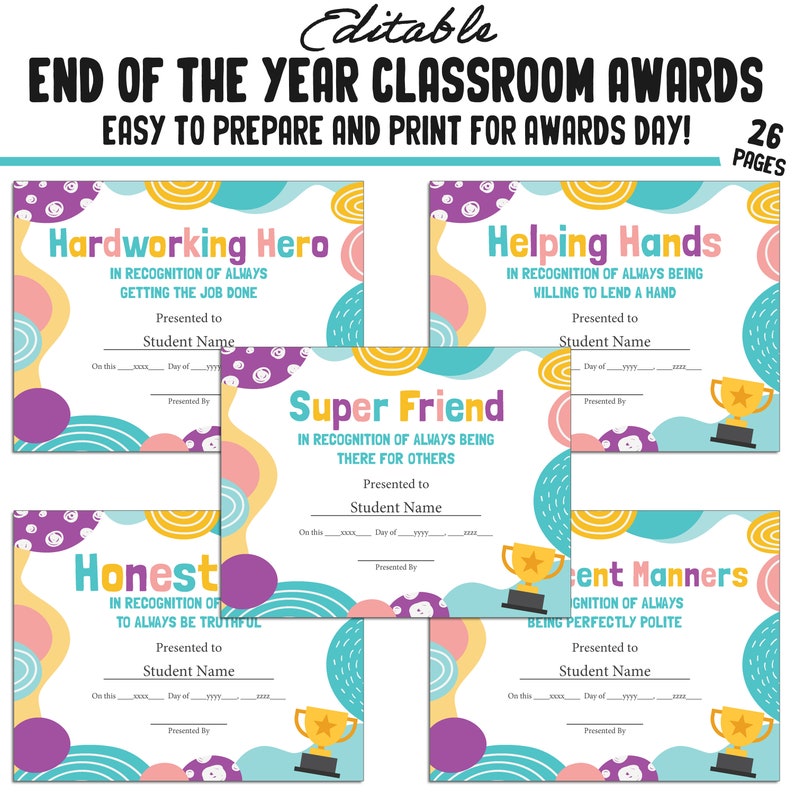 Editable and Fun End of Year Class Awards for Students, 26 Pages, PDF ...