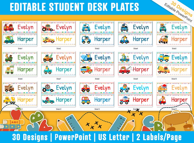 Student Desk Plates 30 Printable/editable Car and Truck - Etsy