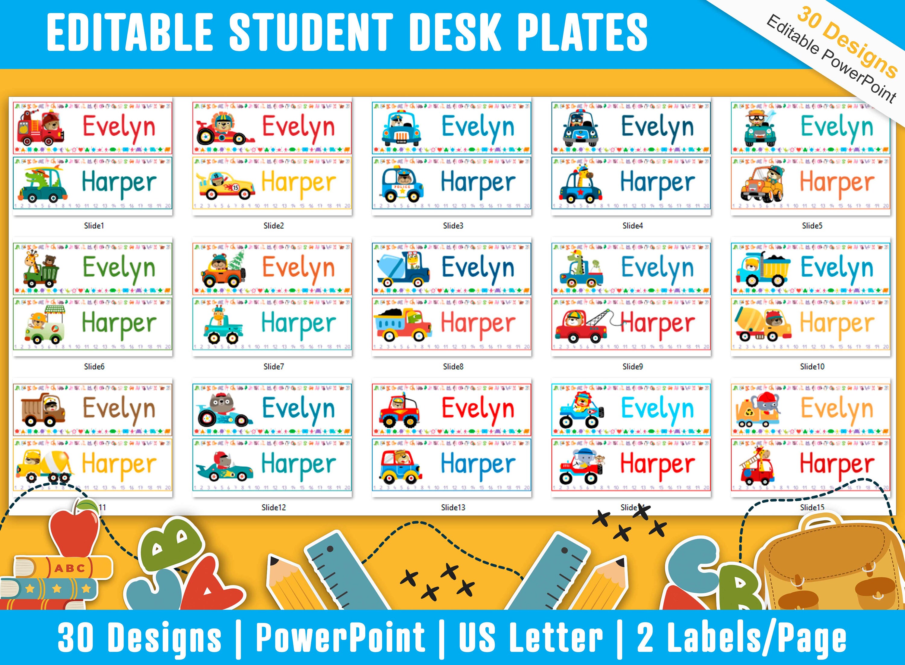 Student Desk Plates 30 Printable/editable Car and Truck Classroom Name ...