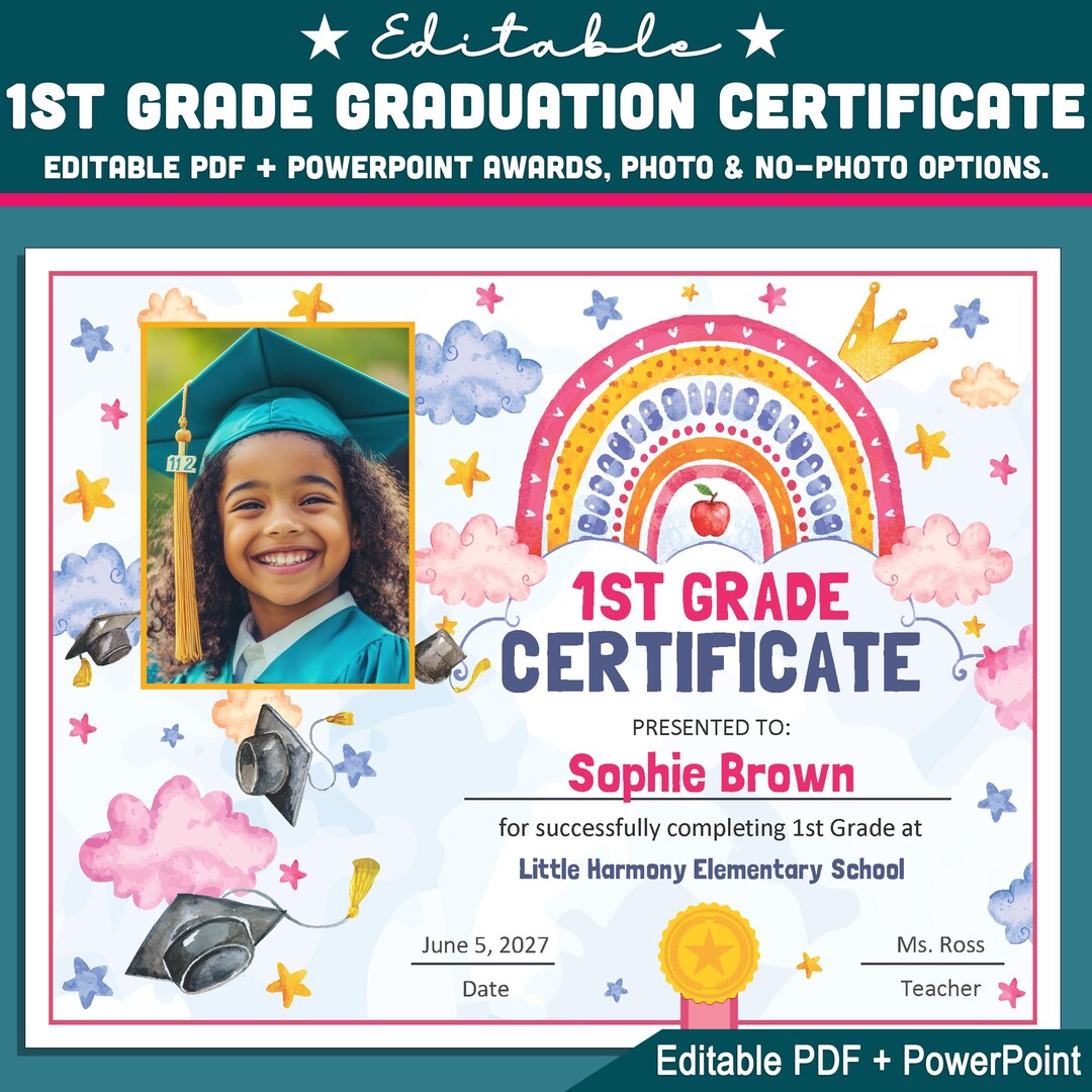 1st Grade Completion Certificate, Editable Rainbow Awards for Ceremony ...