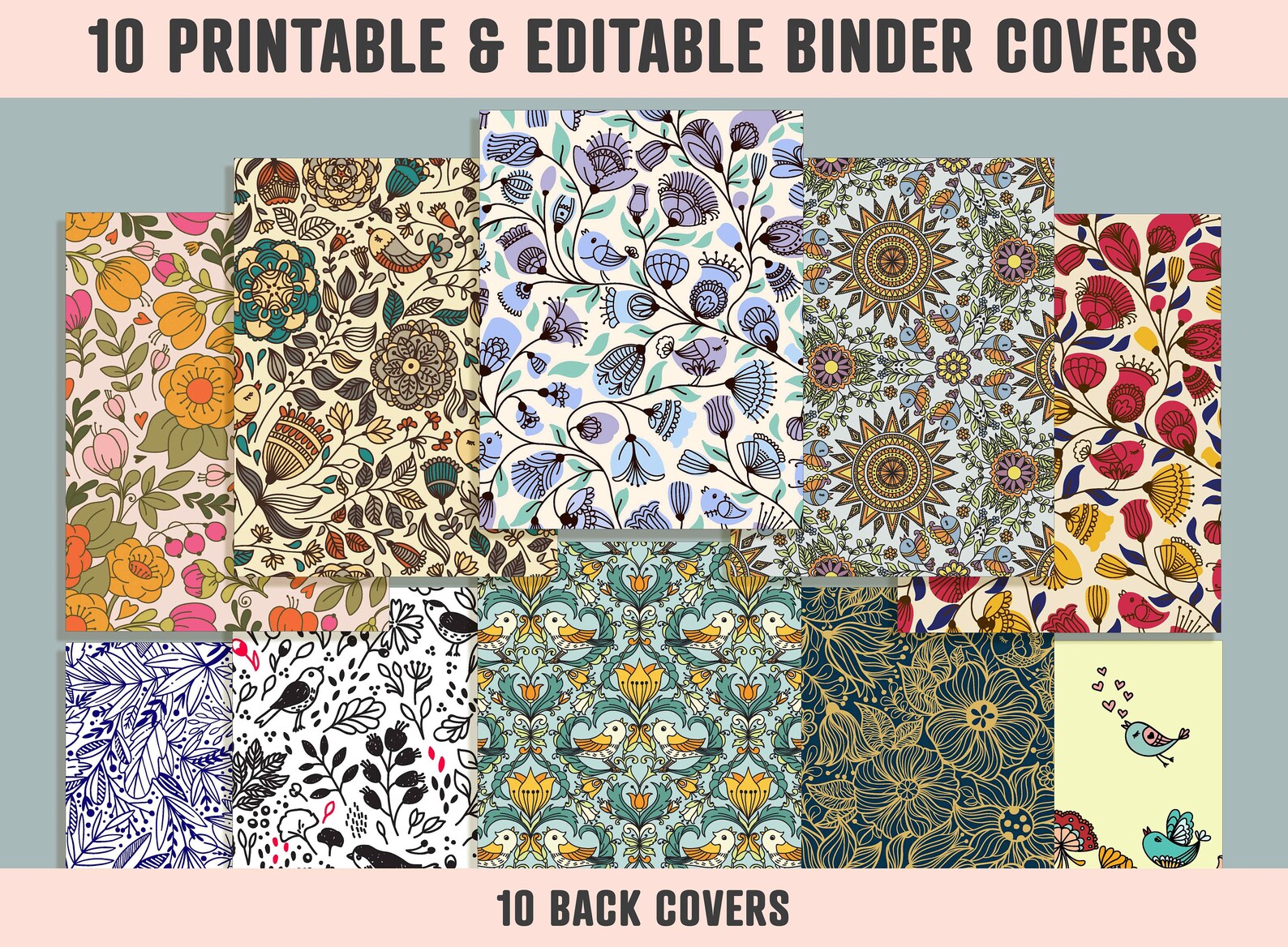 Flower and Birds Binder Cover, 10 Printable & Editable Binder Covers ...