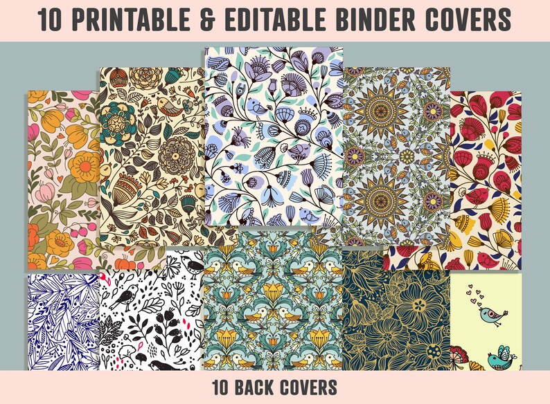 Flower and Birds Binder Cover, 10 Printable & Editable Binder Covers ...