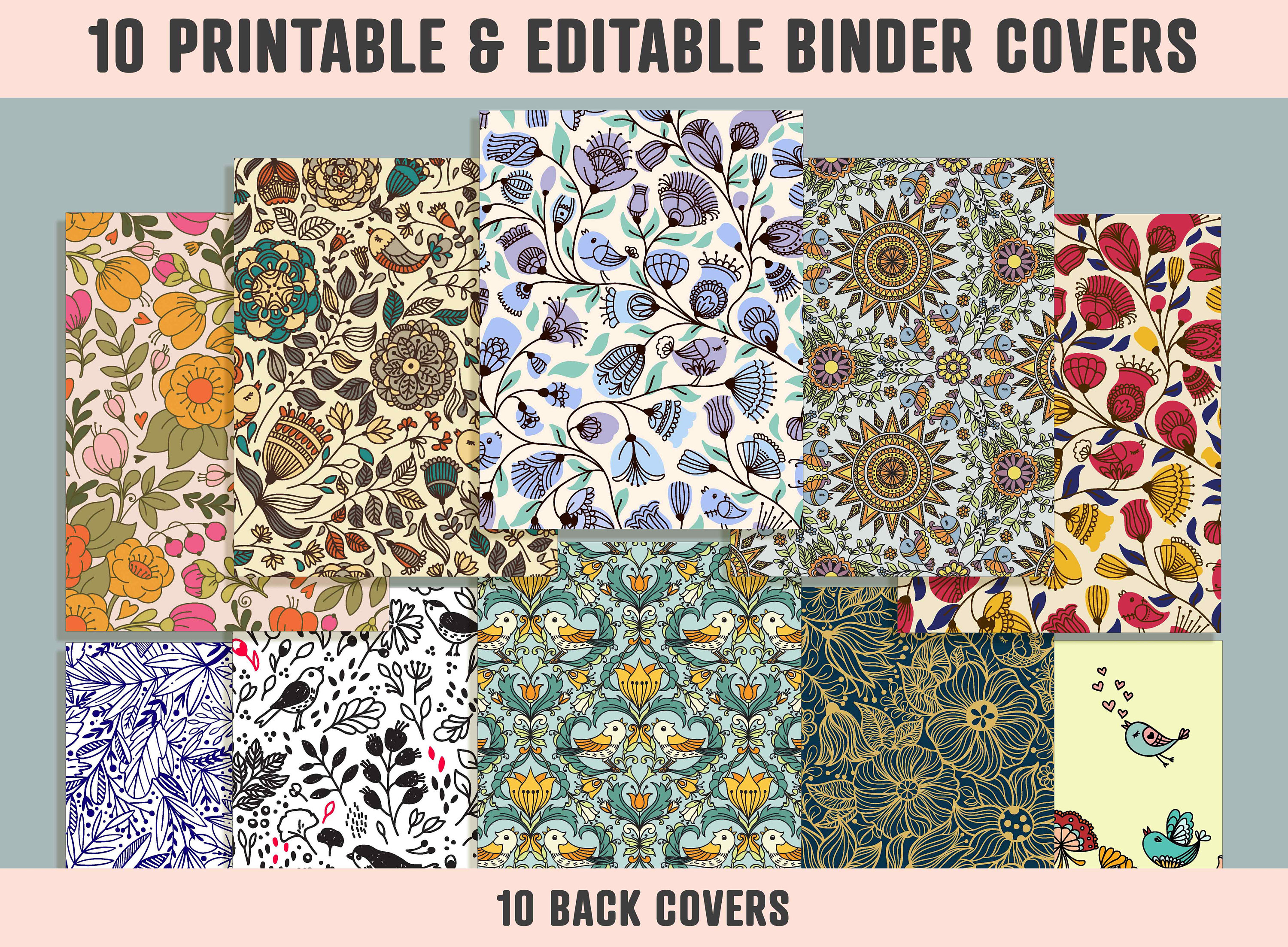 Flower and Birds Binder Cover, 10 Printable & Editable Binder Covers ...