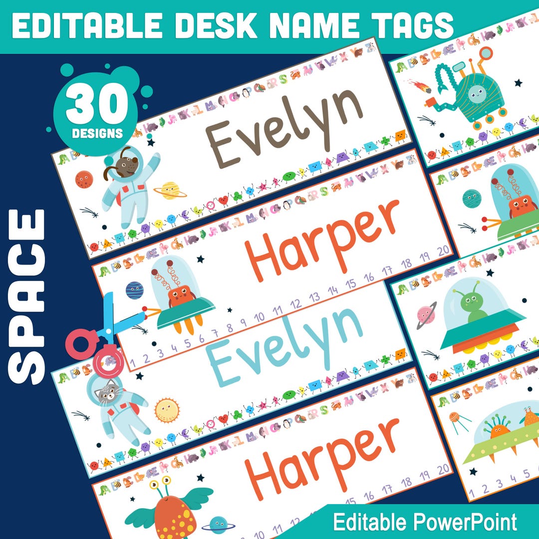 Space Desk Name Tags for Students – 30 Editable Designs With Alphabet ...