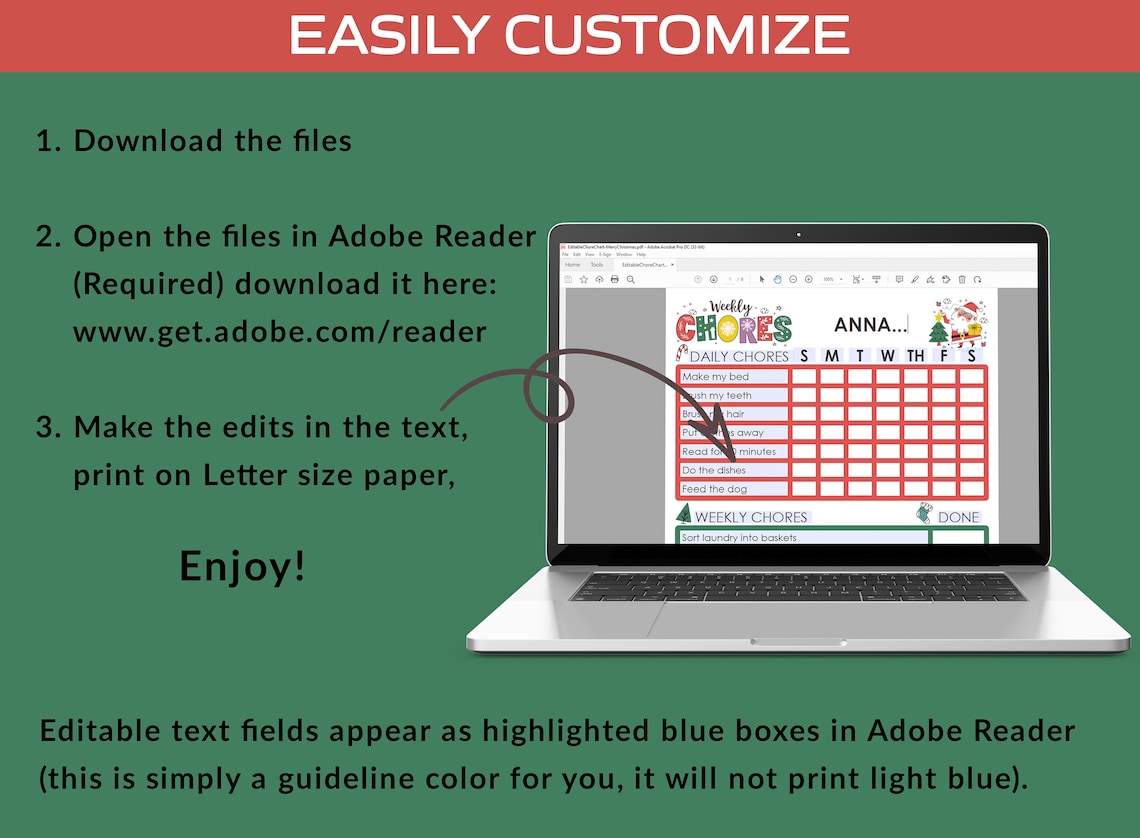 Chore Chart for Kids, Merry Christmas, Printable/editable Chore Chart ...