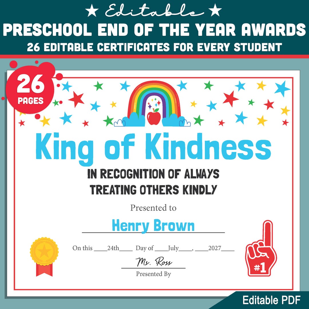 Preschool End of the Year Awards, Editable Certificates, 26 Unique ...