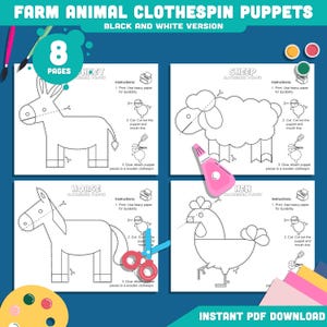 Farm Animal Clothespin Puppets for Kids: 8 Pages, 4 Unique Designs in ...