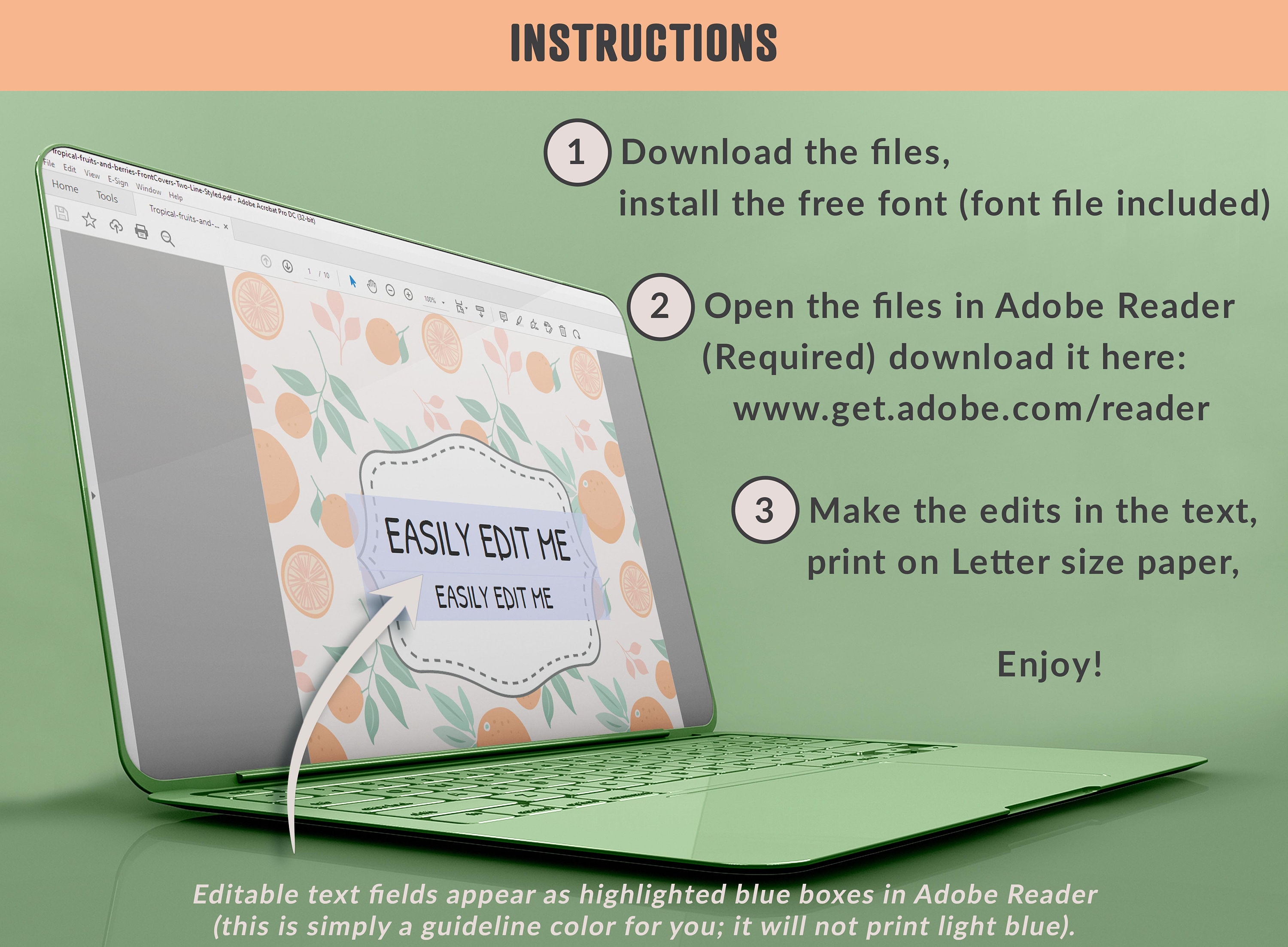 Tropical Fruits and Berries Binder Cover, 10 Printable & Editable ...