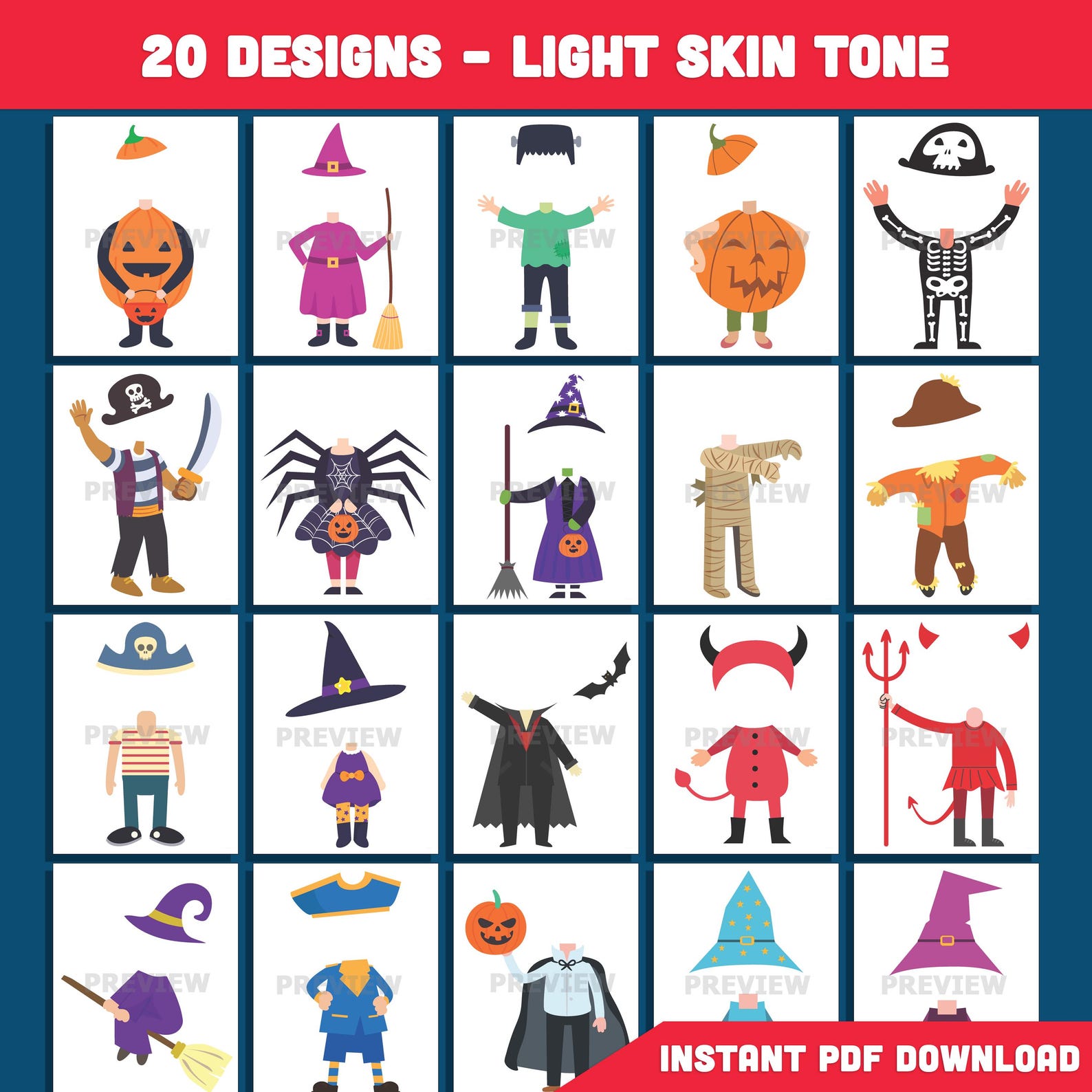 Printable Halloween Body Templates for Kids, 20 Light + 20 Dark Skin ...